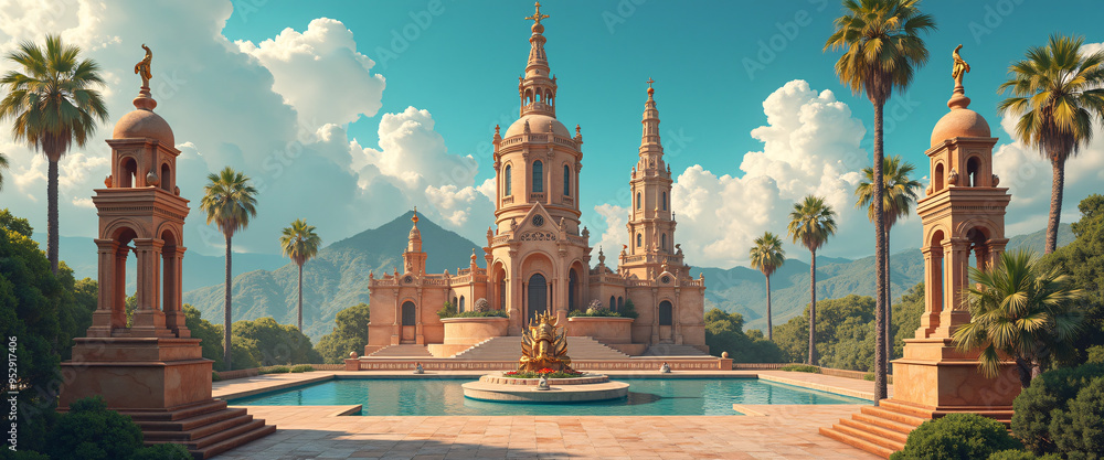 Render an artistic representation of iconic Hispanic landmarks and ...