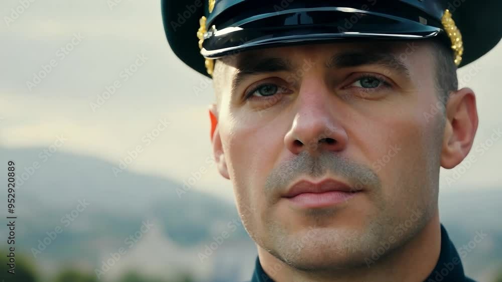 Close up of a male police officer with blue eyes, wearing a uniform and ...