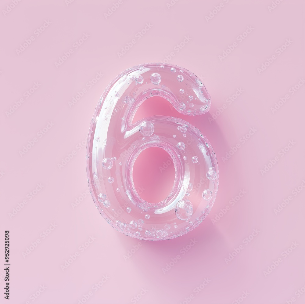 Transparent Bubble Number Six with Glassy Texture on a Soft Pink ...