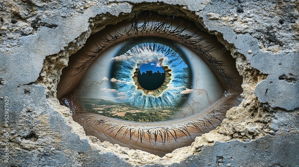 The Eye of Insight: A giant eye, peering through a cracked concrete ...