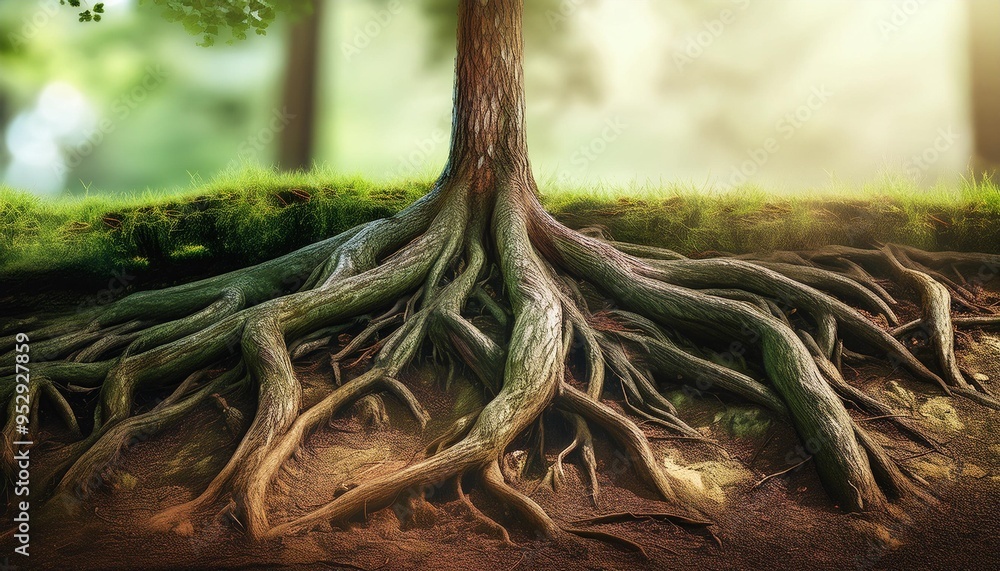 tree roots deep and wide strong and sustainable growth nature Stock ...