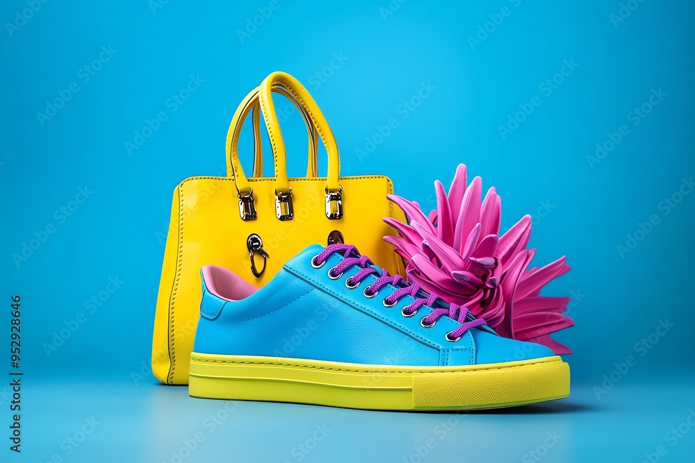 Neon color accessories like bags and sneakers with fluorescent details ...