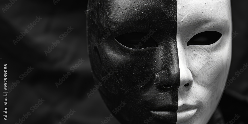Monochrome mask theatrical training banner design duality psychological ...
