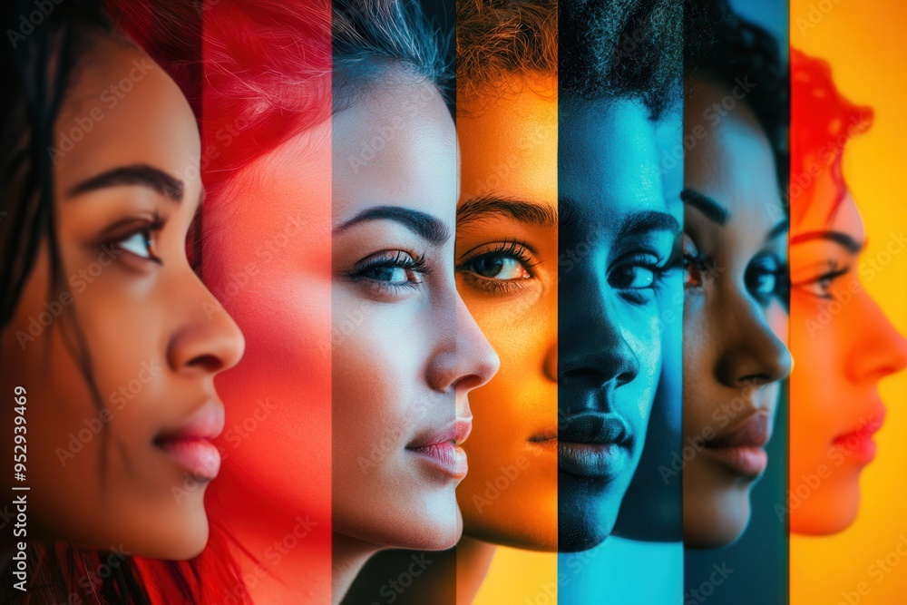 Vivid colors emphasize the contrast between diverse faces, highlighting ...