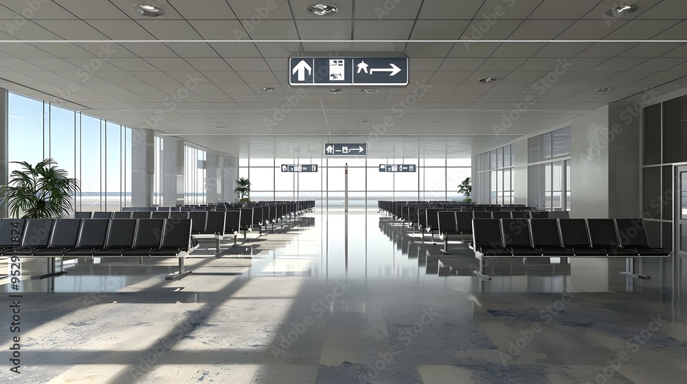 A vacant airport boarding gate area, showing empty seating and visible ...
