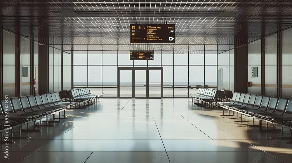 A vacant airport boarding gate area, showing empty seating and visible ...