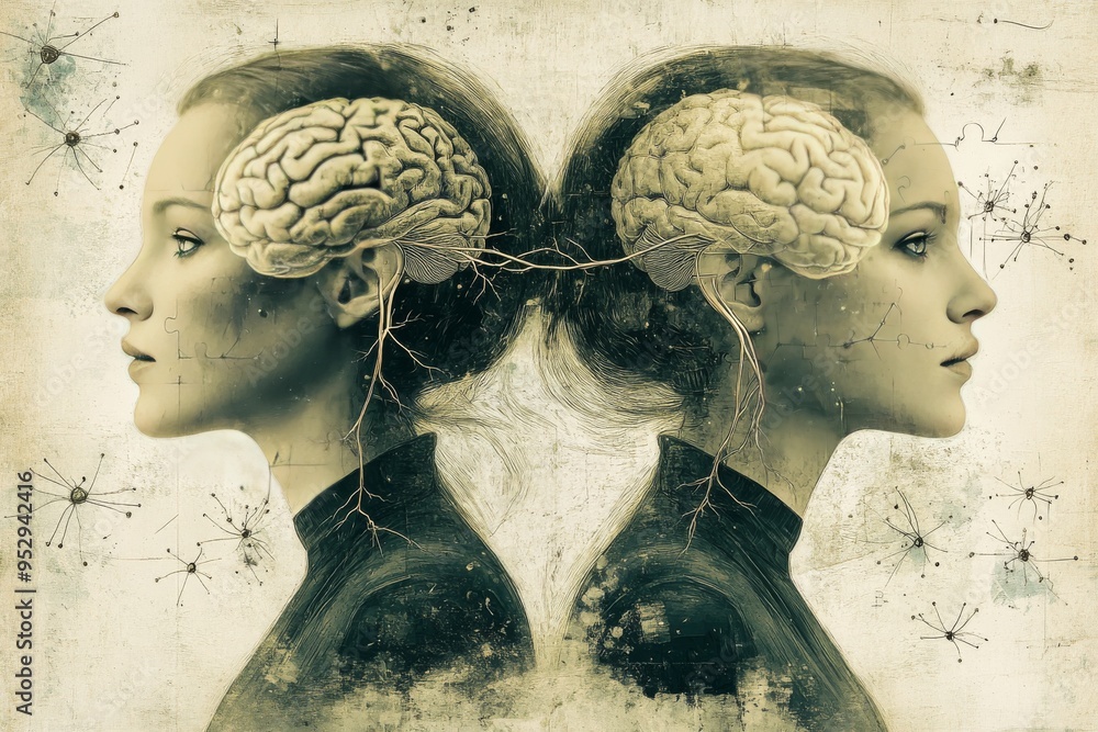 Two mirrored women with brain overlays symbolizing self reflection the ...