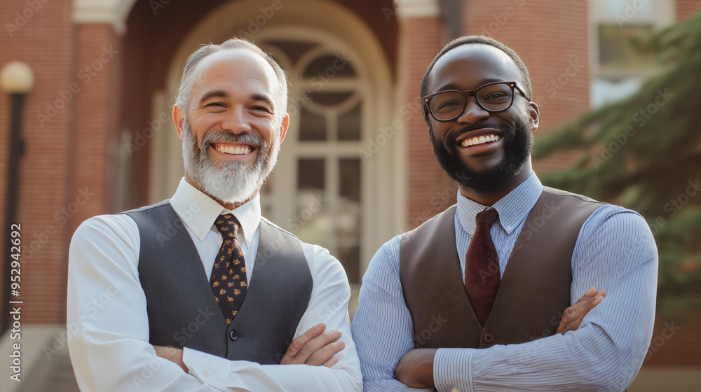 Two diverse professors, man and mentor, lecturer and smart teacher ...