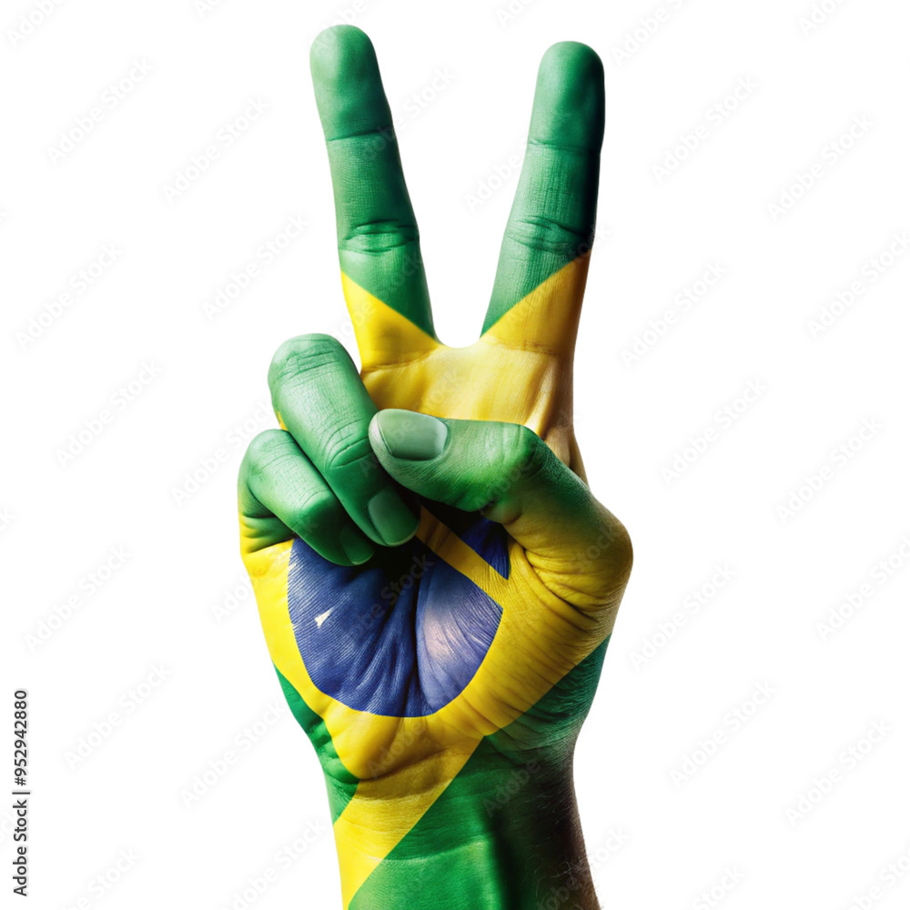 Mão levantada fazendo V de vitória com as cores da bandeira do Brasil ...