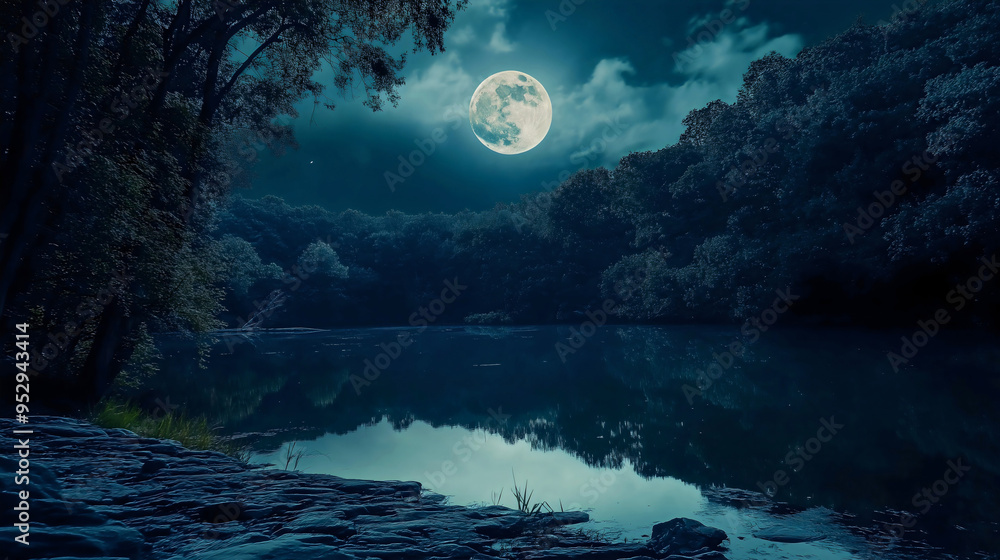 Moonlight lake river water reflection, beautiful night scene with a ...