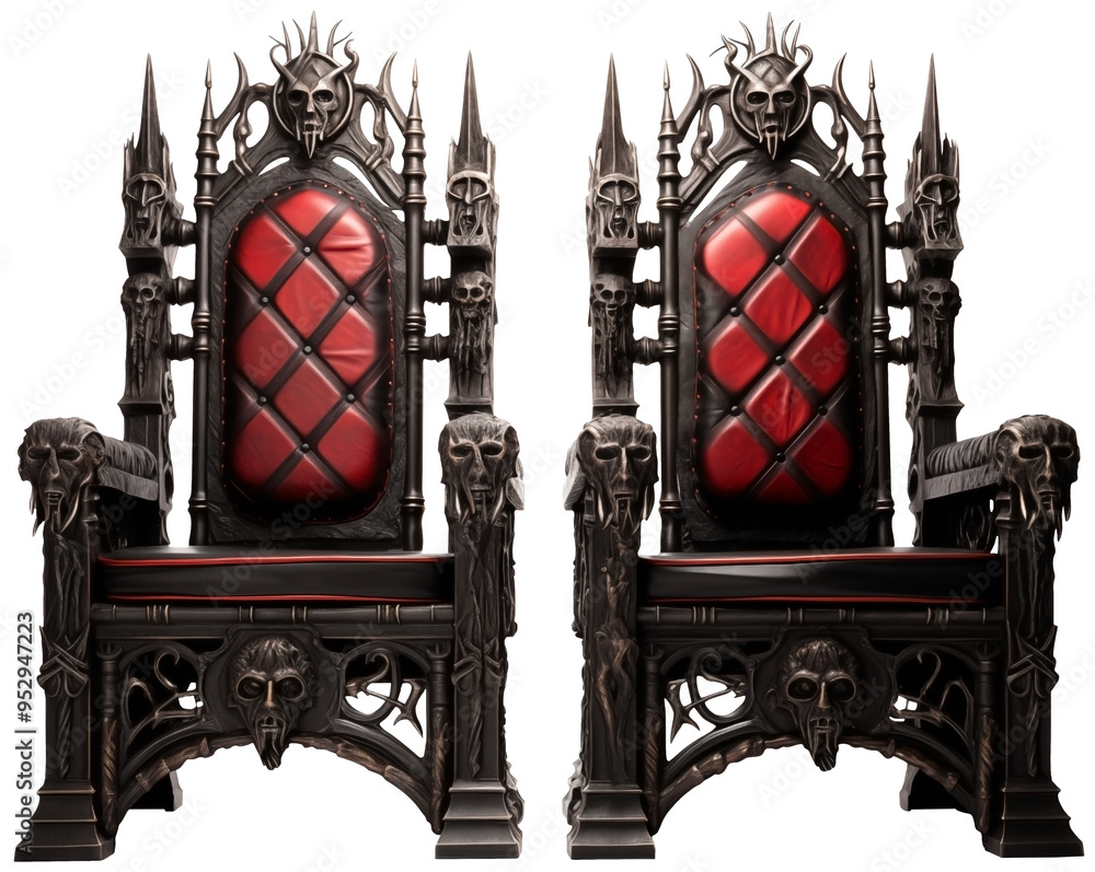 Front View To two Black and red Gothic Throne Chairs PNG isolated on ...
