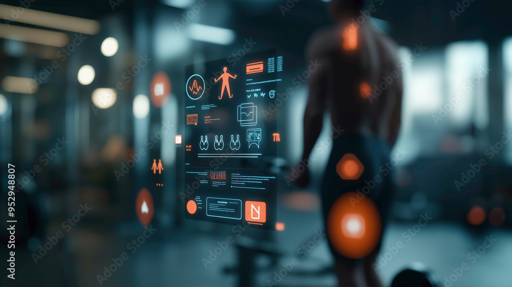 A high-tech gym where a man interacts with holographic fitness ...