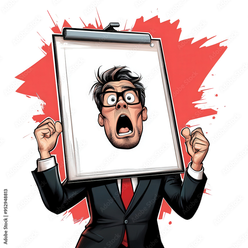business man angry body behind white board, face screaming on board ...