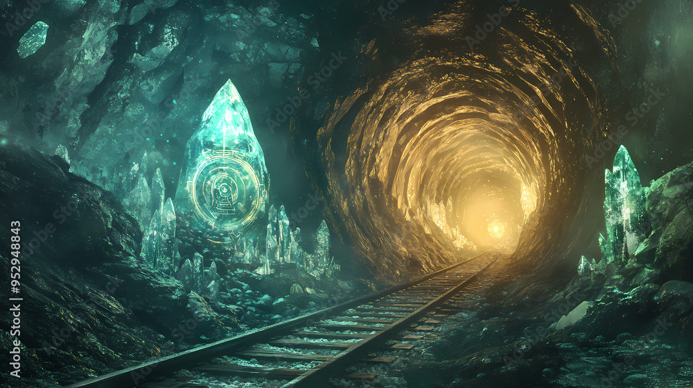 Mystical railway tunnel in a fantasy world, with glowing crystals and intricate runes, an ...