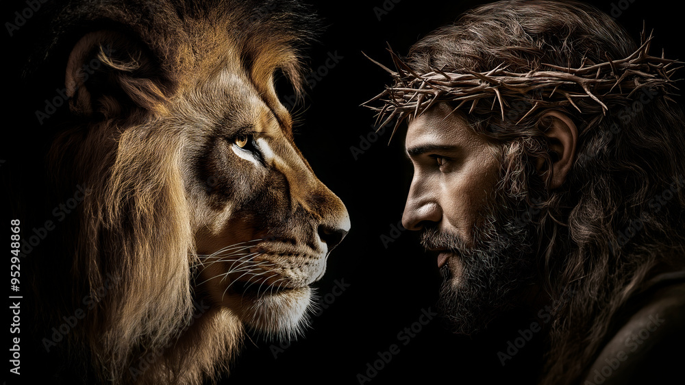 Foto de Jesus and the Lion of Judah Religious Portrait on Black ...
