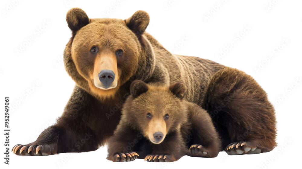 Adorable mother mama bear hugging her cute baby cub child, a ...