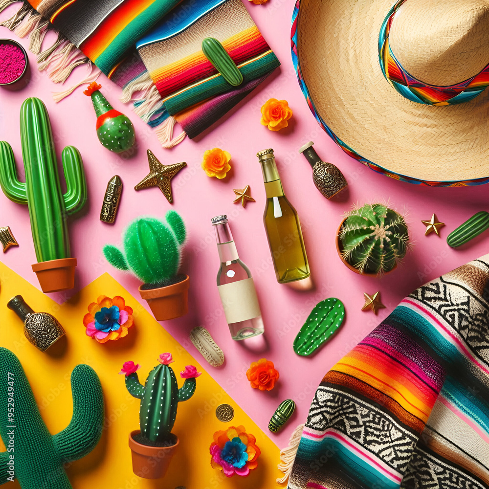 On a vividly coloured background, there are cacti, a poncho, and a ...