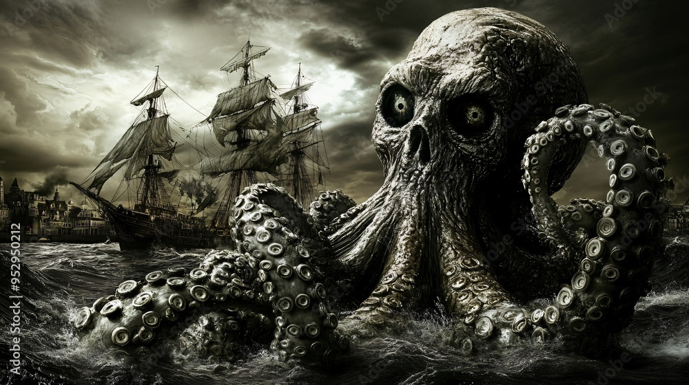 Kraken's Fury: A monstrous kraken, its skeletal visage twisted in fury ...