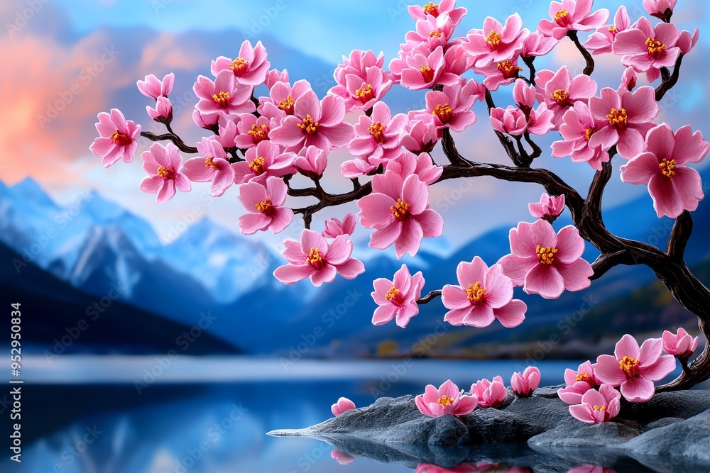 Peach blossom landscape painting with soft and pastel tones, depicted ...