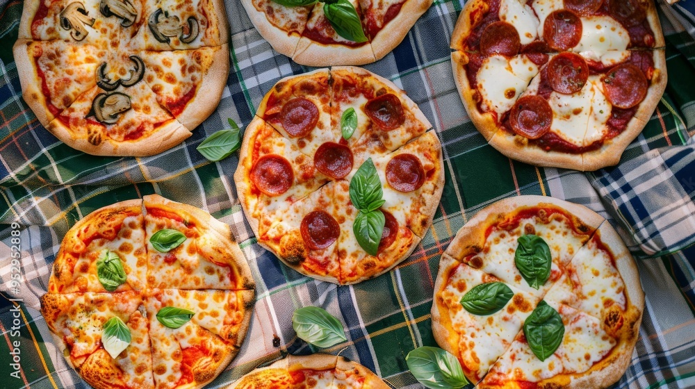 Individual personal pizzas with different toppings on a picnic blanket ...