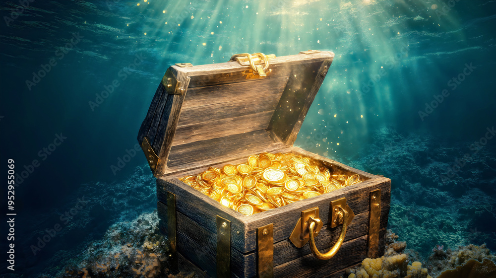 An open treasure chest at the bottom of the sea, filled with gold coins ...
