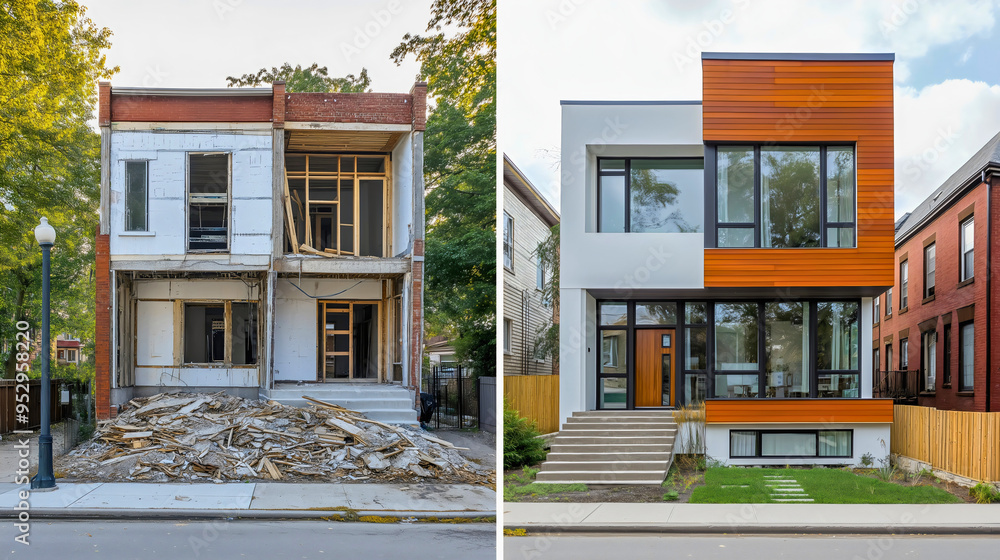 House renovation before and after repair comparison, exterior view ...