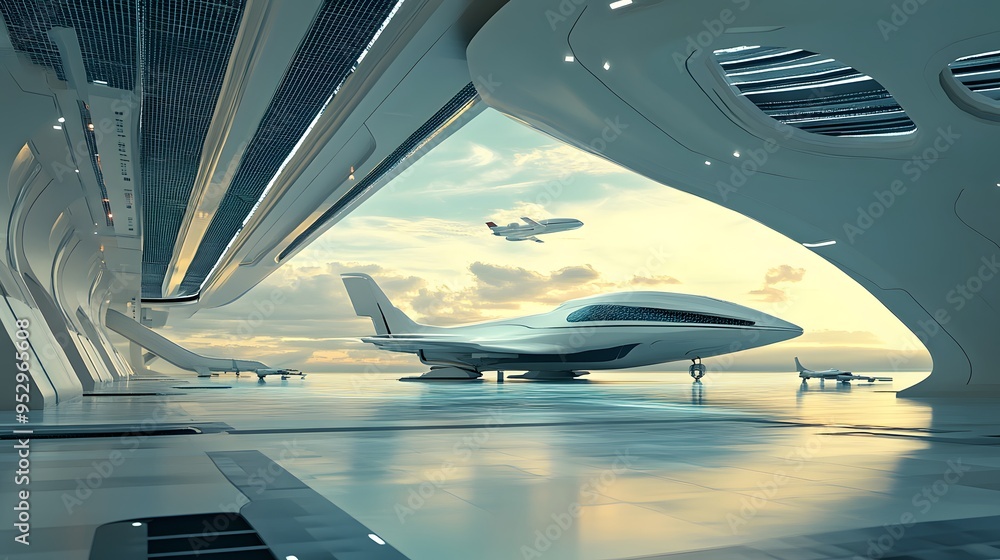 28082302 36 Bustling futuristic airport terminal with sleek minimalist ...