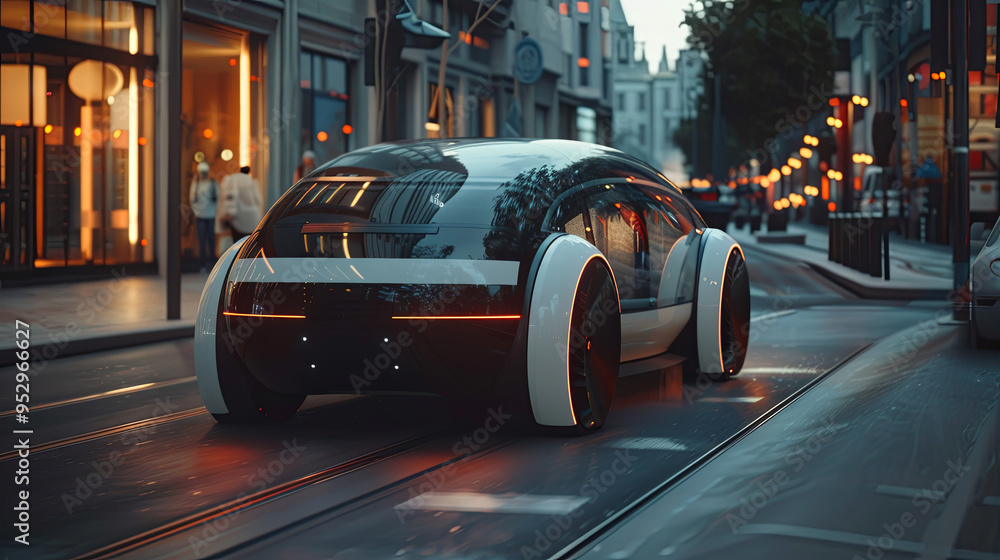 autonomous vehicle smoothly navigating a clean, modern city street. The ...