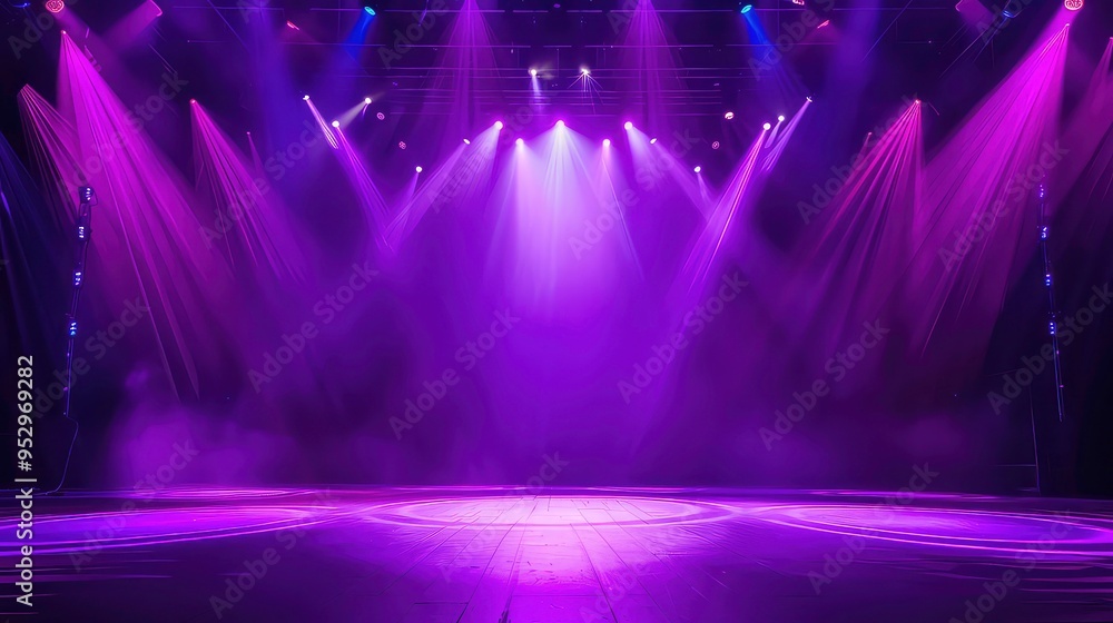 Purple stage lights with spotlights casting beams of light on a dark ...