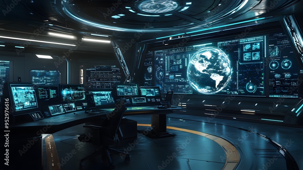 Command center with a high-tech setup large screens a holographic map ...