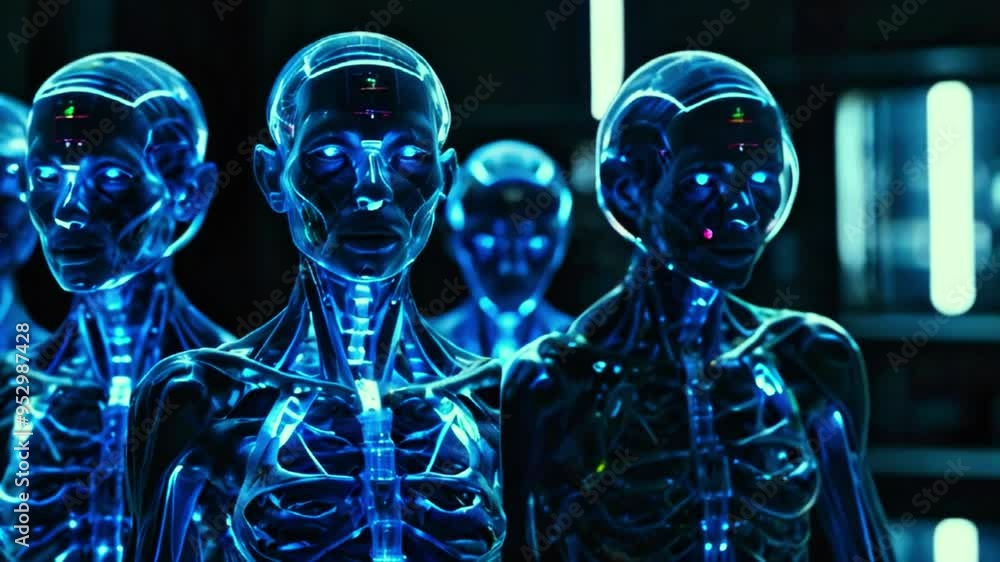 Humanoid android biological robots X-ray in neon blue light in the dark ...