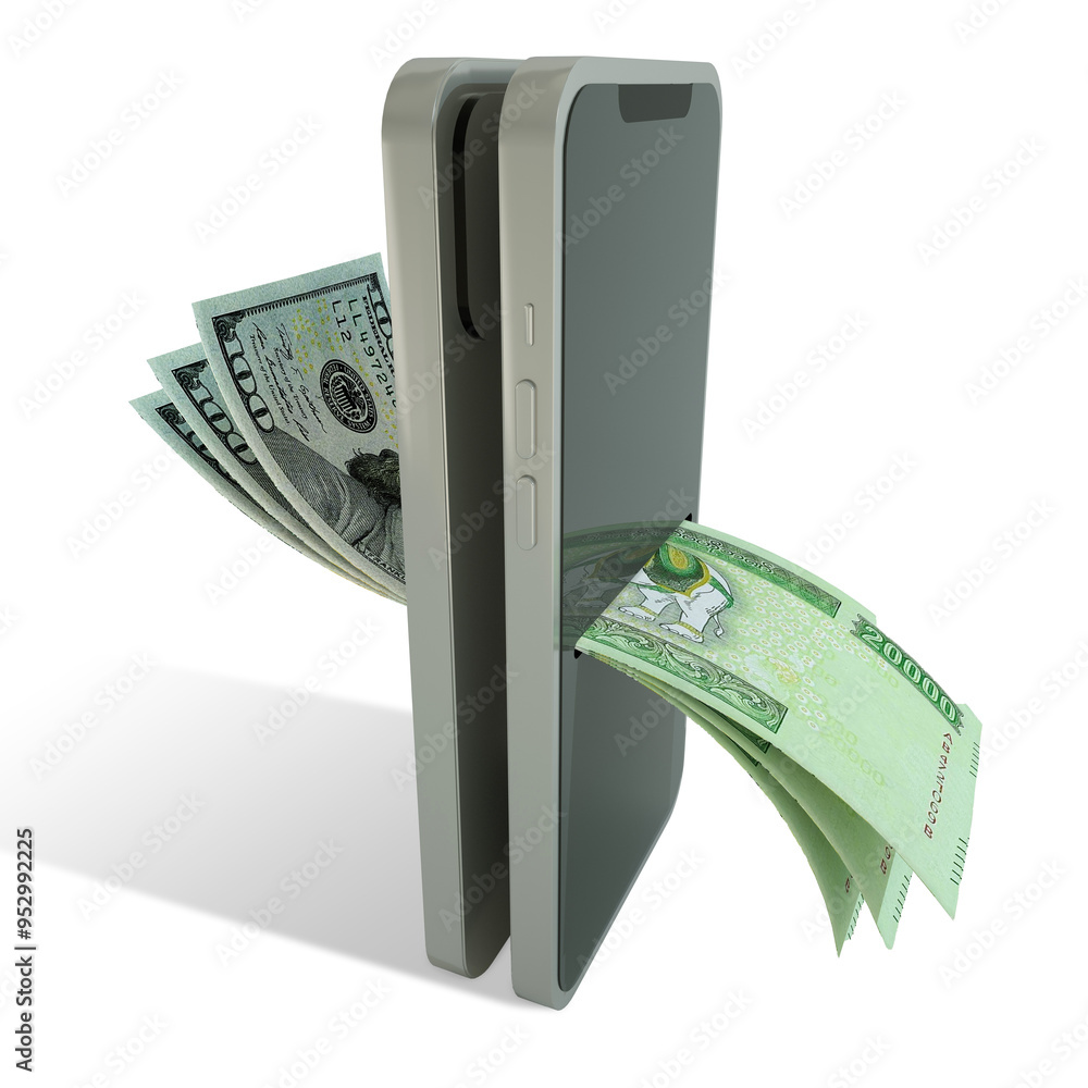 US dollar and Myanmar kyat notes exchanging through mobile phone ...