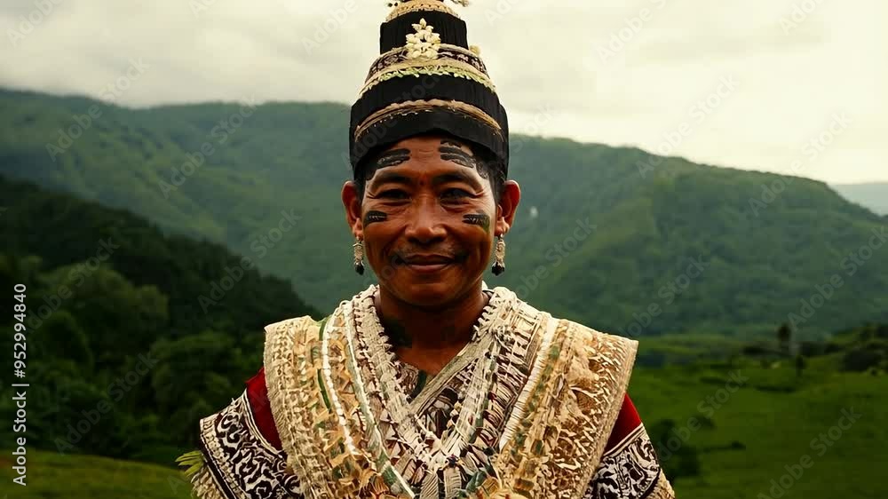 Indigenous man wearing traditional clothing and makeup smiles against a ...
