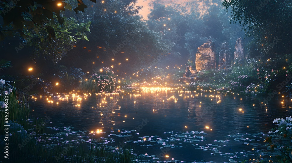 Glowing pond in a magical forest clearing with fireflies and ancient ...