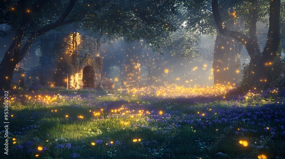 Magical forest clearing at twilight with glowing elements fireflies and ...