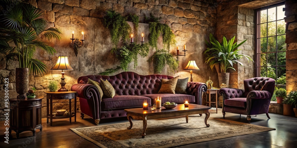 Luxury Italian furniture set amidst rustic stone walls, candles, and ...