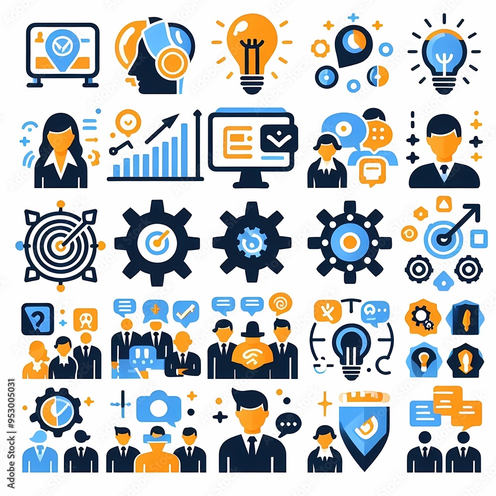 Team icon set. Collection includes motivation, brainstorming, goal ...