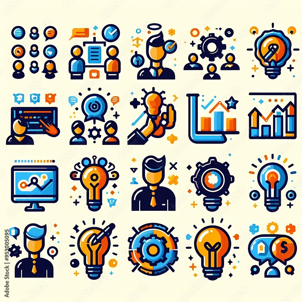 Team icon set. Collection includes motivation, brainstorming, goal ...