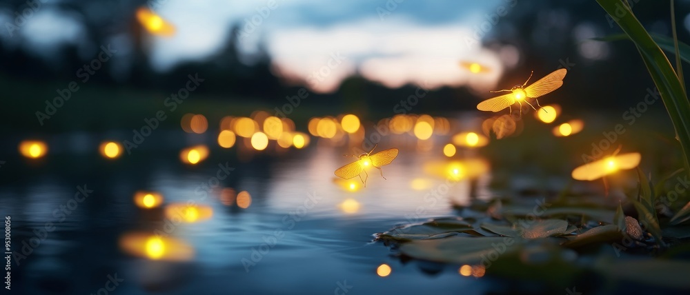 magical evening glow of fireflies over a tranquil pond in nature, with ...
