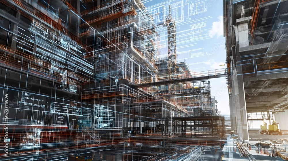 Constructions site collage of a new building with nice virtual display ...