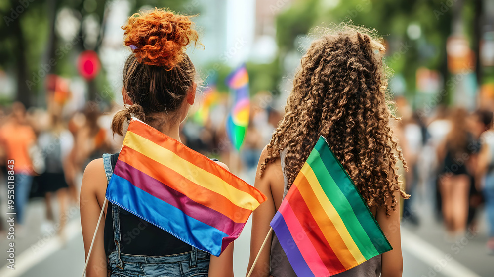 Celebrating Equality: Two Women Holding Pride Flags in a Crowd Stock ...