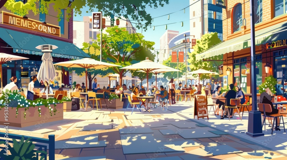 Lively urban plaza. Animated discourse, thriving eateries, and vibrant ...