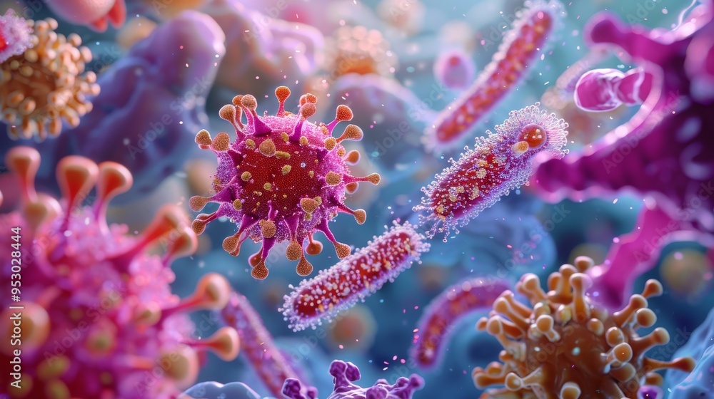 Cross-sectional view of bacteria interacting with human immune cells ...