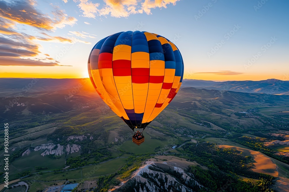 Romantic couple getaway on a hot air balloon ride at sunrise, captured ...