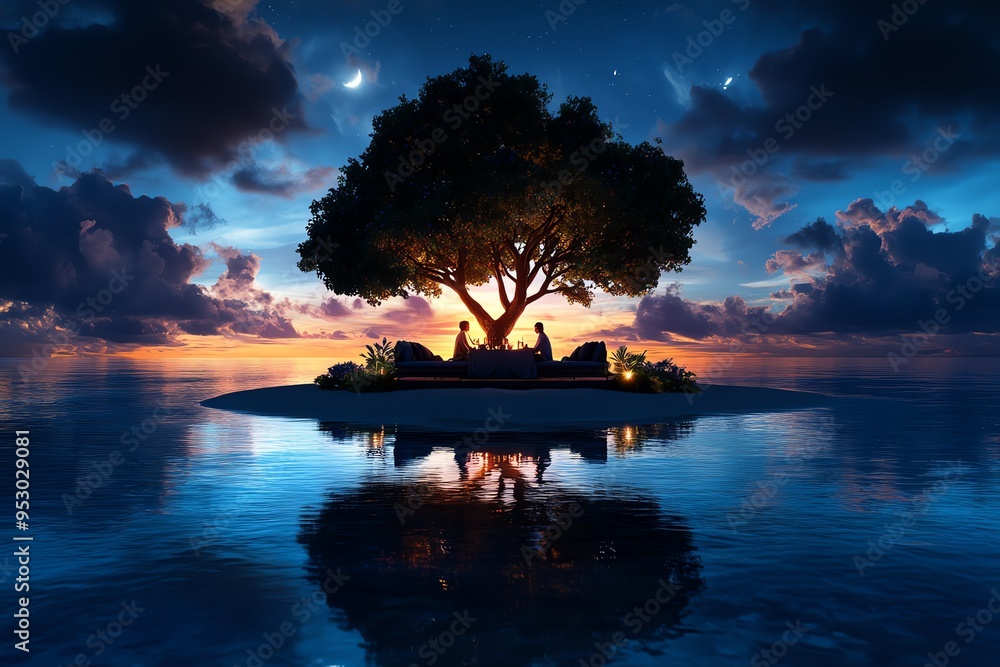 Romantic couple getaway with a dinner on a private island, depicted in ...