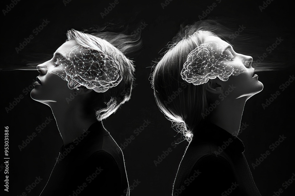 Artistic silhouette of two women with glowing brain patterns ...