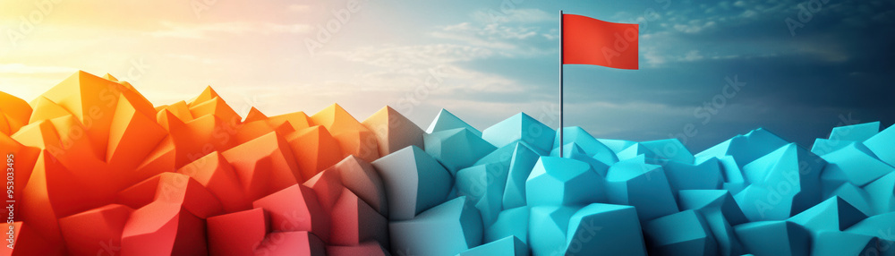 Conceptual image of red and blue abstract poly shapes meeting at a red ...