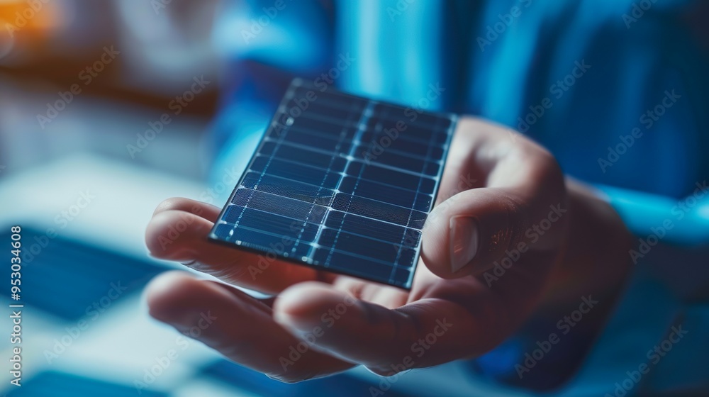 Scientist hold in hand small tile of new type efficient solar cell tile ...