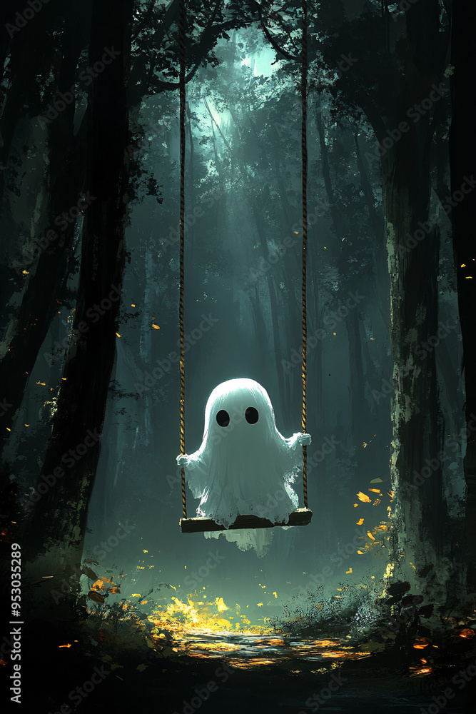 A spooky ghost in a dark forest rides on a swing, creating an eerie and ...