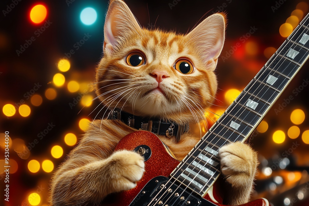 Cat musician in a retro vinyl cover style, illustrated in a vintage ...